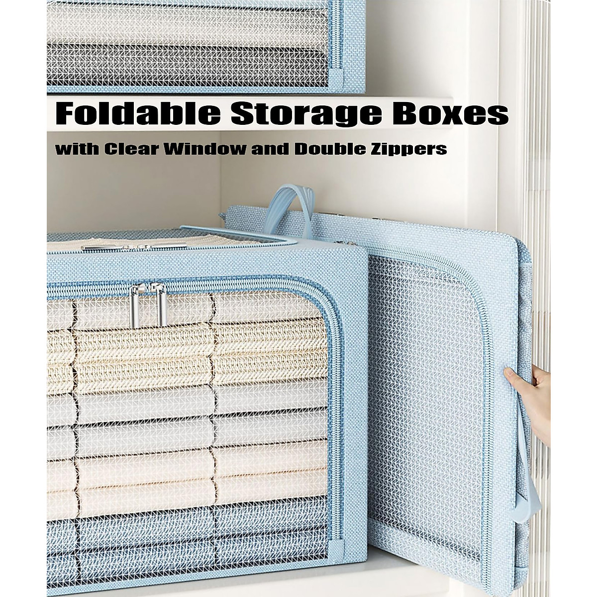 AARAINBOW Closet Clothes Organizer 4 Pcs, Stackable Storage Bins with Clear Window & Handles Steel Frame Storage Boxes with Lids Foldable Storage Container for Clothes Toys, 24L (2 Gray 2 blue)