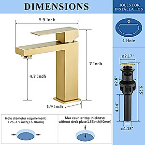 Tohlar Gold Bathroom Faucet, Brushed Gold Faucet for Bathroom Sink, Gold Single Hole Bathroom Faucet Modern Single Handle Vanity Basin Faucet with Overflow Pop Up Drain Stopper and Water Supply Lines