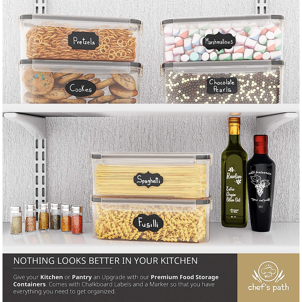 Chef's Path Airtight Food Storage Containers with Lids (4 PC) - Pasta Storage Containers for Pantry, Spaghetti & Noodles - Plastic Kitchen Containers for Pantry Organization and Storage