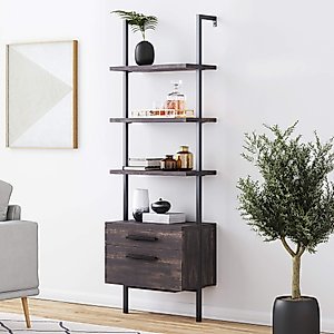Nathan James Theo Industrial Bookshelf with Wood Drawers and Matte Steel Frame, 3-Shelf, Nutmeg/Black