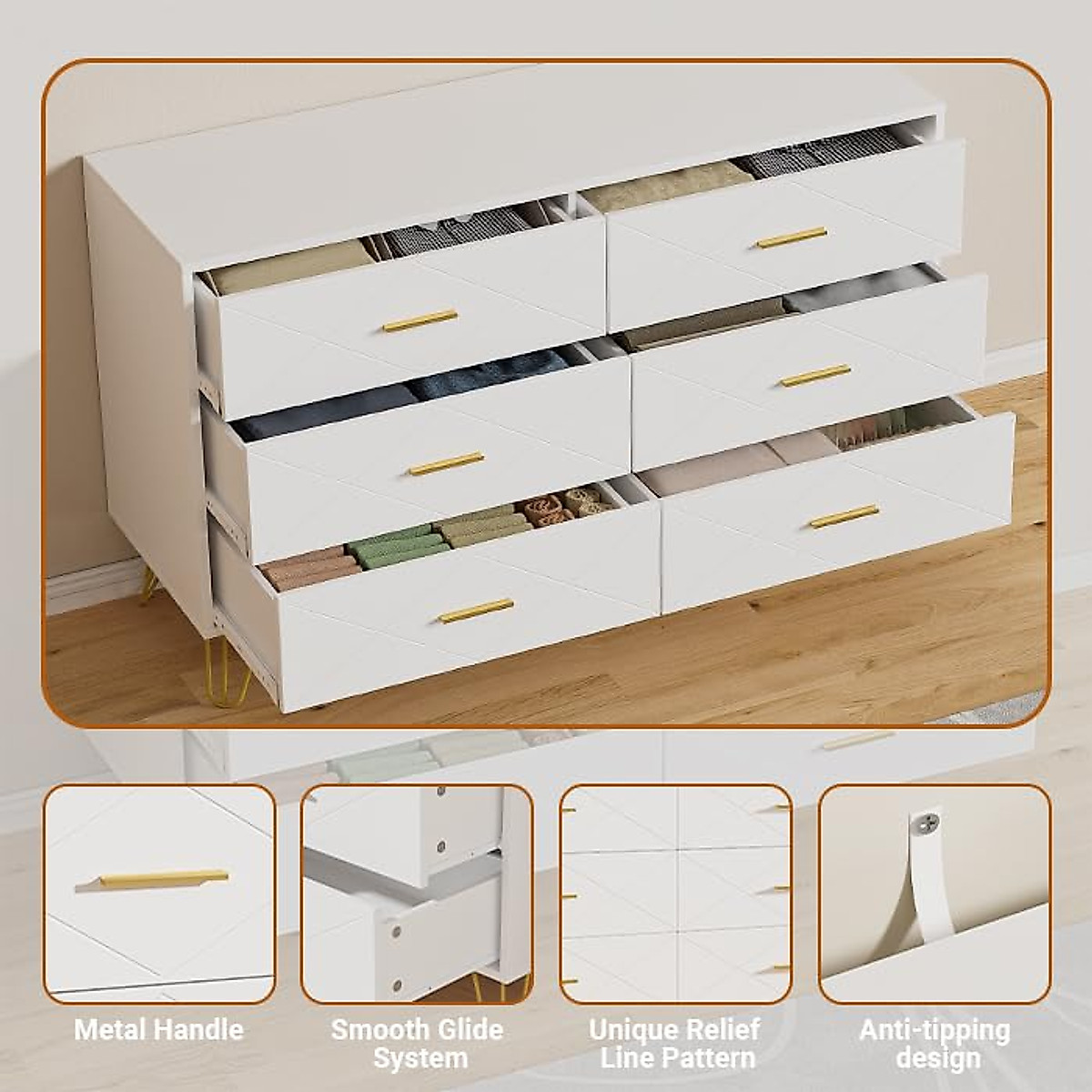 BVFUKA White Dresser for Bedroom, Wood 6 Drawer Double Dresser with Wide Drawers and Gold Handles, Modern Dressers & Chest of Drawers for Bedroom