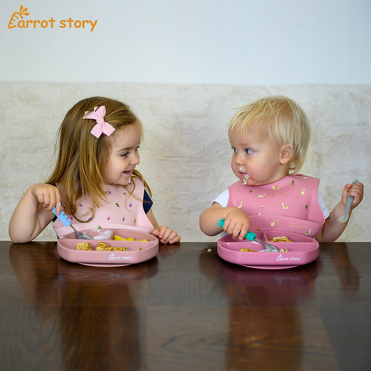 Carrot story 100% Silicone Suction Baby Toddler Plate, 2-Pack, Waterproof Washable Plate, BPA Free, Microwave/Dishwasher Safe (Sweet)