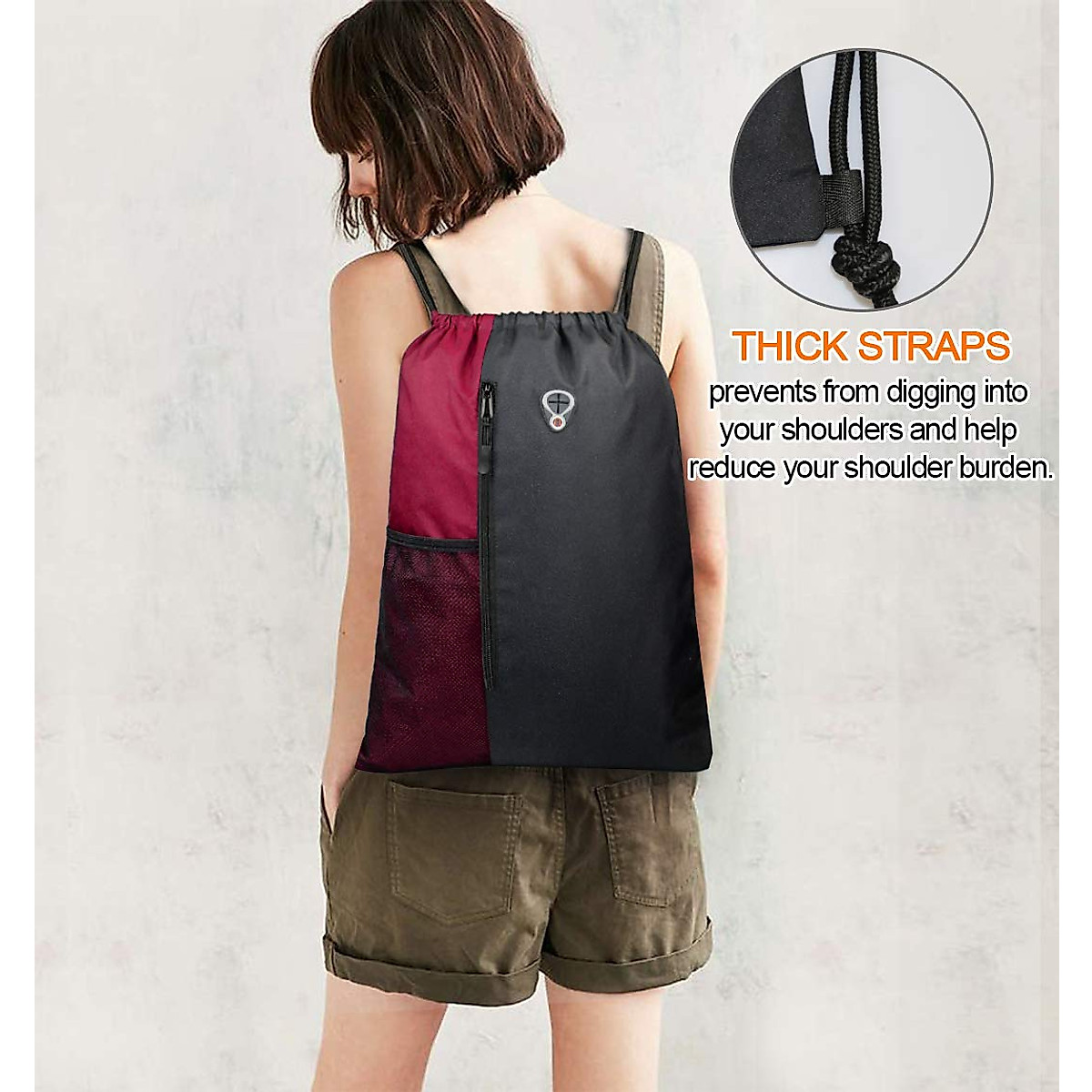 BeeGreen Maroon Drawstring Backpack Sports Gym Bag for Women Men Large String Backpack With Zipper and Water Bottle Mesh Pockets Cinch Sack Workout Bag, 16" x 20"