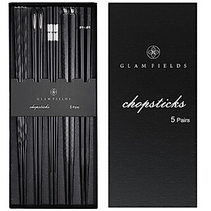 GLAMFIELDS 5 Pairs Premium Chopsticks Reusable Dishwasher Safe 9.5 Inch Fiberglass Chop Sticks Gift Set Non Slip Black + Silver