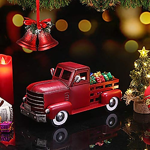 Pylemon Vintage Red Truck Christmas Decor with a Lit-up Removable Christmas Tree Wrapped Around by LED Lights String, Farmhouse Metal Pickup Truck Decor, Great Gift for Holiday Decorations