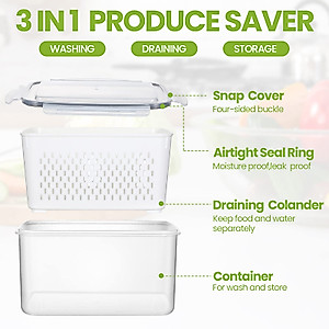 8 Pack Fridge Organizers Fruit Storage Containers for Fridge Produce Saver Containers Bins with Lid & Removable Drain Colanders Refrigerator Storage Organizer for Salad, Vegetable, Berry, Lettuce