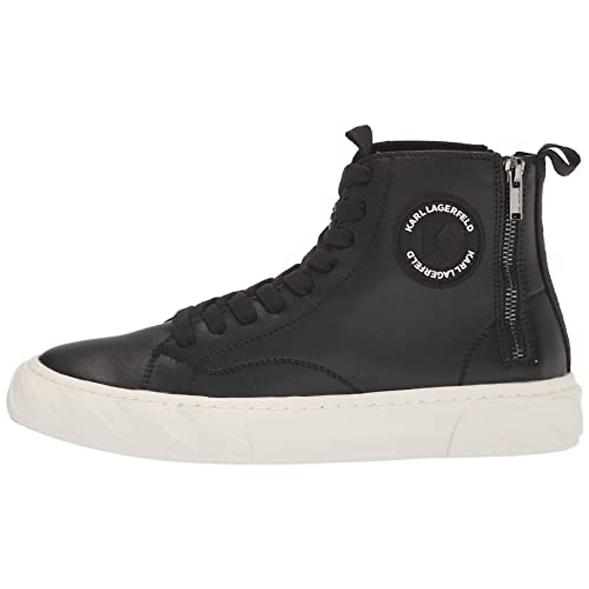 Karl Lagerfeld Paris Men's Recycled Leather Double Back Zip Hi Top Sneaker with Side Logo Patch, Black, 9.5