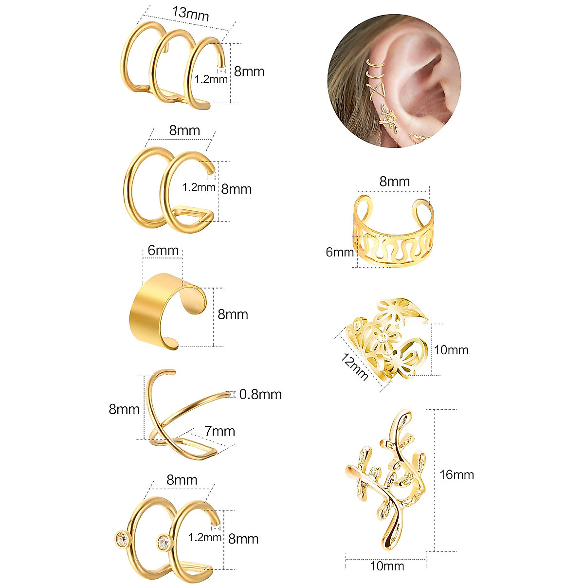 Blulu 8 Pairs Ear Cuffs Earrings Cuff Non Piercing Stainless Steel Clip on Cartilage Earrings for Men Women, 8 Various Styles