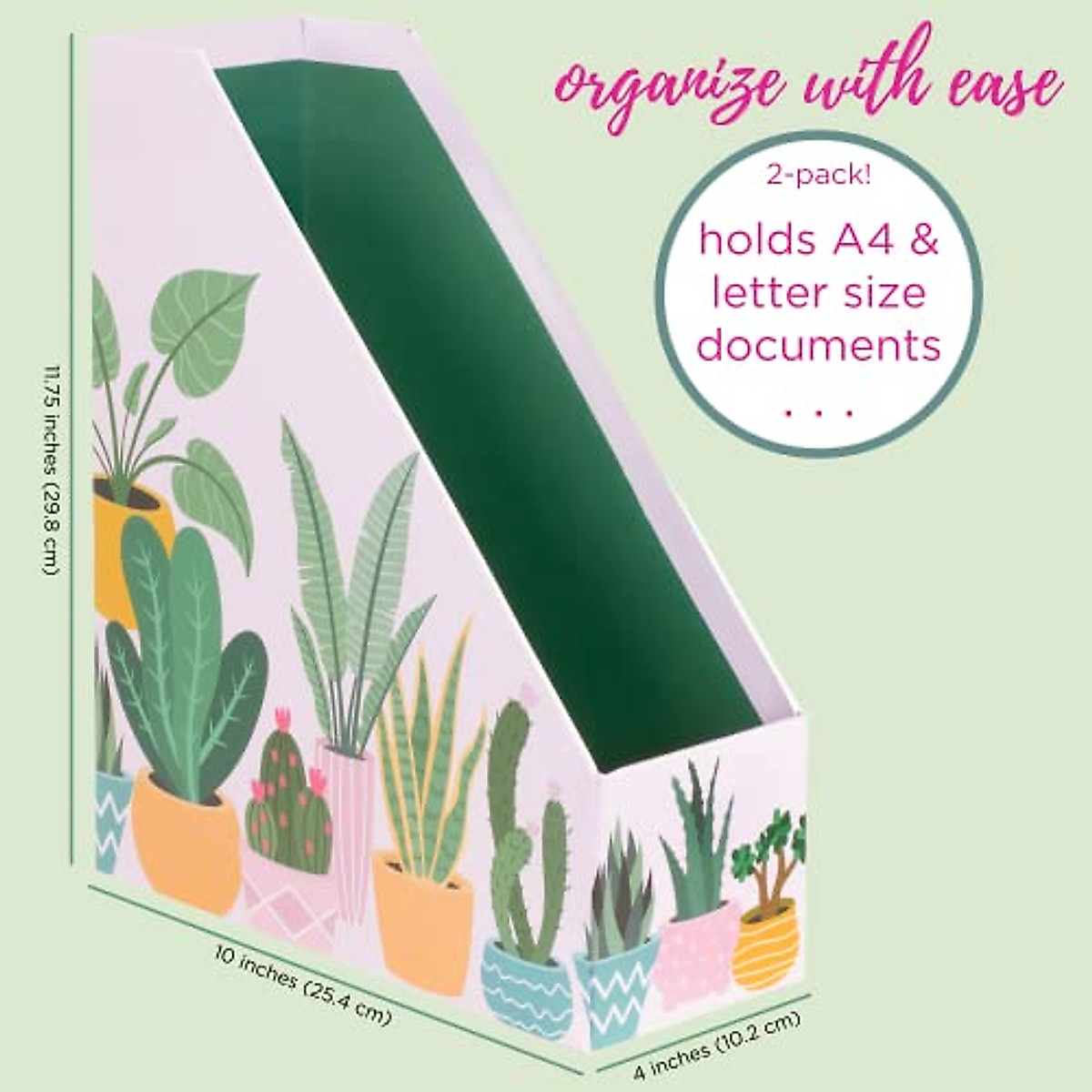 Steel Mill & Co Cute Magazine Holder Set of 2, Vertical File Organizer, File Folder and Paper Holder, Desk Accessories & Workspace Organizers for Home or Office, Succulent