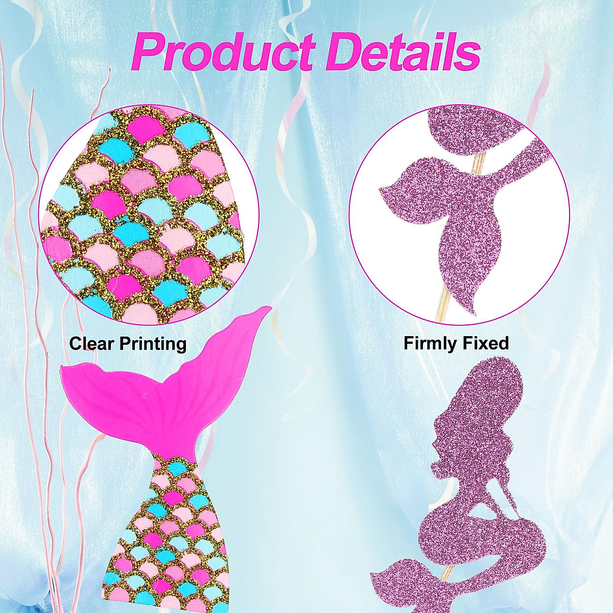 Wootkey 36 pcs Glitter Mermaid Cupcake Toppers Mermaid Cake Topper Under the Sea Beach Mermaid Tail Cake Decoration Birthday Party Supplies for Baby Shower Children's Day