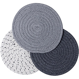 Lifaith Potholders Set Trivets Set 100% Pure Cotton Thread Weave Hot Pot Holders Set (Set of 3) Hot Pads, Hot Mats, Stylish Coasters, Spoon Rest for Bakingand Cooking, Diameter 7 Inches (Grey Set)
