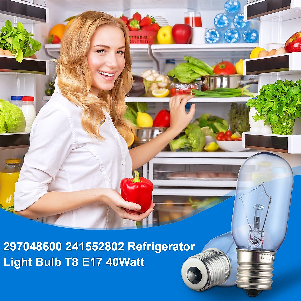 297048600 241552802 Refrigerator Light Bulb Replacement for Frigidaire Whirlpool KitchenAid Electrolx Kenmore Fridge Light Bulbs Freezer Light Bulb Replacement-T8 E17 40W (2 Pack)