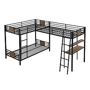 Cotoala Metal Triple Bunk Bed with Desk and Shelf, L-Shaped Bunkbed Attached Twin Size Loft Bedframe, for 3 Kids/Teens/Adults, Brown