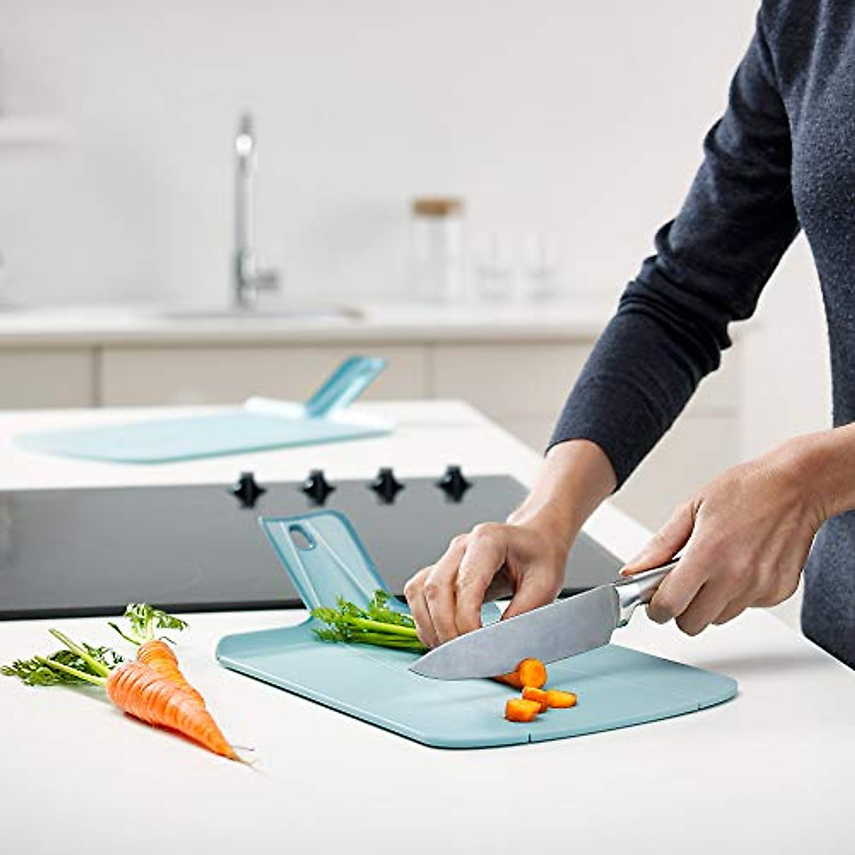 Joseph Joseph Chop2Pot Foldable Plastic Cutting Board 15 x 8.75 Non-Slip Feet 4-inch Handle Dishwasher Safe, Small, Dove Gray