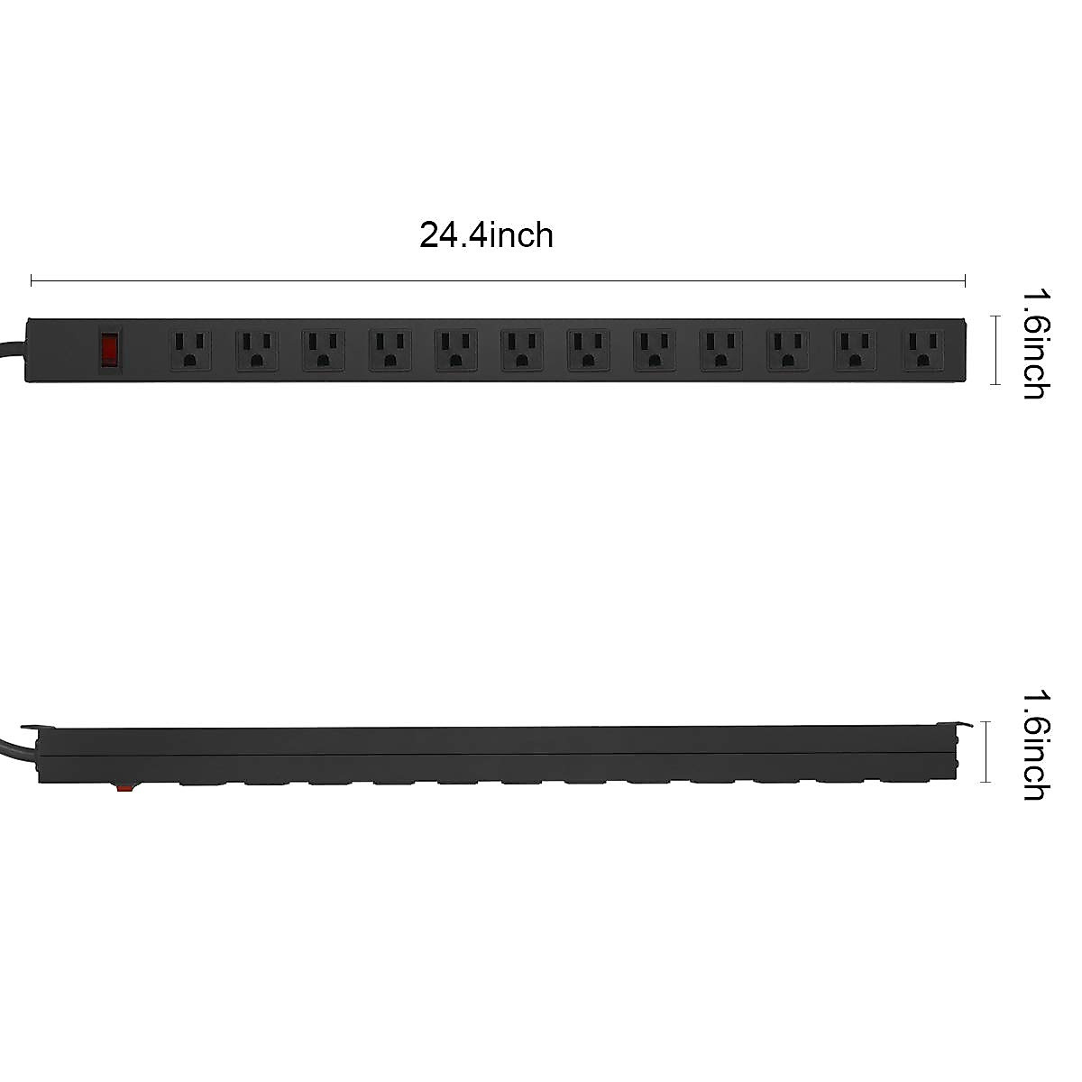 Metal Wall Mount Power Strip, Mountable Power Outlet with 12 AC Outlets, Aluminum Alloy Mount Power Socket with Switch, 6 FT SJT 3/C 14AWG Power Cord, 15A 125V 1875W (12AC) Black