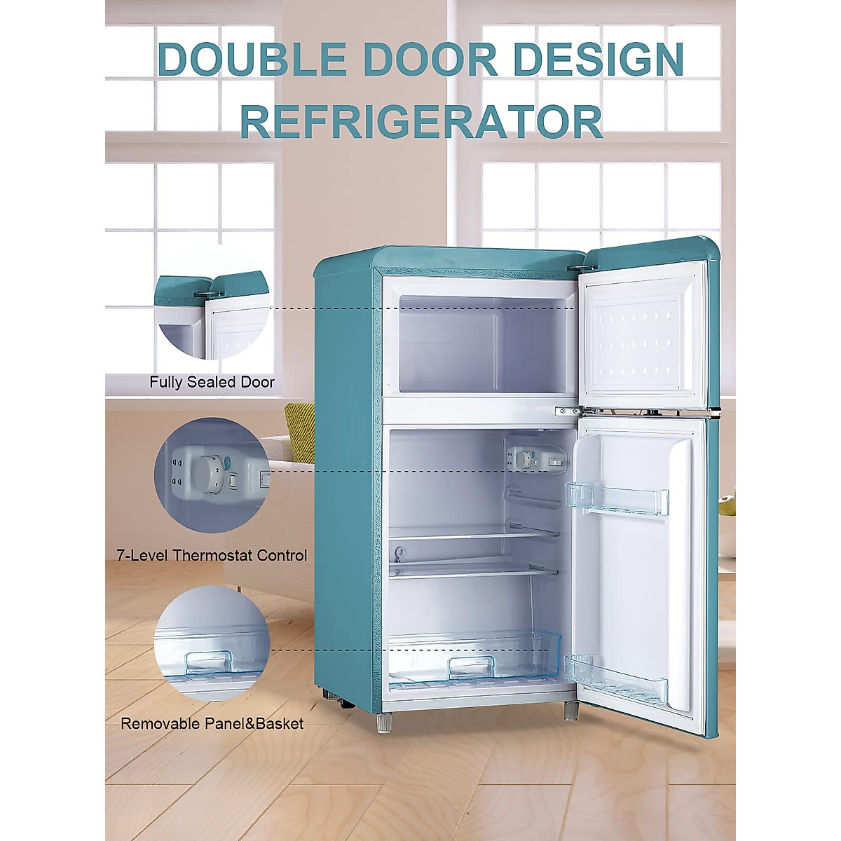 WANAI Compact Refrigerator 3.5 Cu.Ft Retro Mini Fridge with Freezer Dual Door Small Refrigerator with Adjustable Temperature，LED Lights, Removable Shelves, Mini Refrigerator for Dorm, Office, Bedroom