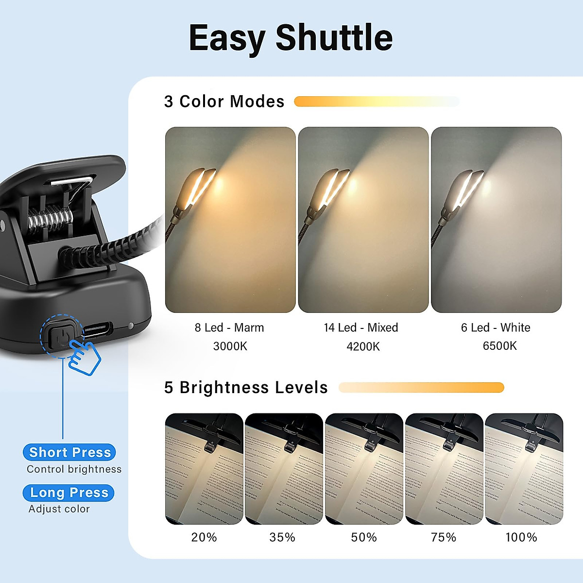 Vekkia 14 LED Rechargeable Book-Light for Reading at Night in Bed, Warm/White Reading Light with Clamp, 180° Adjustable Clip on Light, Lightweight Eye Care Book Light, Perfect for Book Lovers