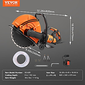 VEVOR Electric Concrete Saw, 16 in, 3200 W 15 A Motor Circular Saw Cutter with Max. 6 in Adjustable Cutting Depth, Wet Disk Saw Cutter Includes Water Line, Pump and Blade, for Stone, Brick