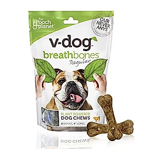 V-dog Dog Treats - Vegan Breathbone Teeth Cleaning Dental Dog Bones - Fresh Breath - 8 Ounces - All Natural - Made in USA - 6 Bones - 4" Long - Easy to Digest