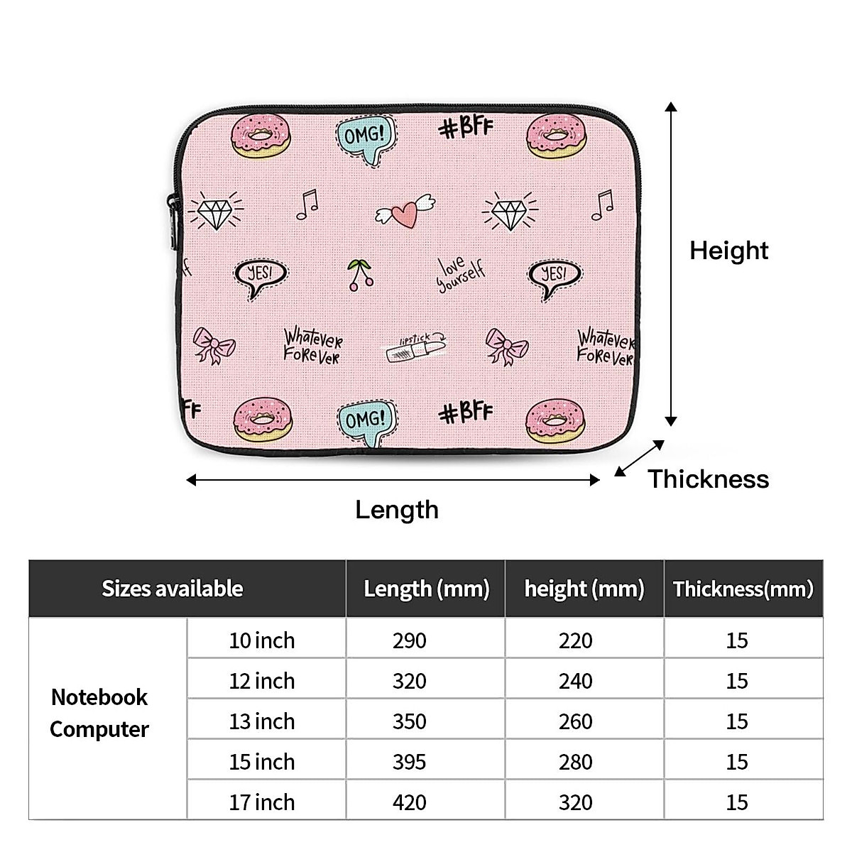 Cute Girly Cartoon Drawing Elements Pink 13 inch Portable Laptop Sleeve Compatible with MacBook Air Notebook Computer Case for Men Women College School Students