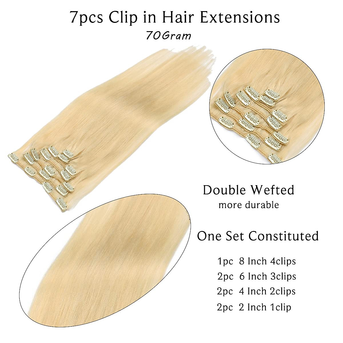Clip in Hair Extensions Real Human Hair, Bleach Blonde Real Hair Extensions Clip in Human Hair, 7 Pieces 70G Double Wefts Remy Human Hair Clip in Extensions 16 Inch Clip-ins for Fine Hair Women