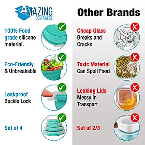 AMAZING CONTAINERS Set of 4 Silicone Collapsible Food Storage Container with Airtight Lid|Foldable Stackable Space-saving containers for Kitchen|Microwave Dishwasher and Freezer Safe