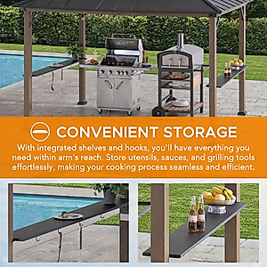 Sunjoy Wooden Grill Gazebo, 8 x 12 ft. Steel Hardtop Gazebo with Solar Power for Year-Round Grilling - 2 Full Size Grills, Griddles or Smokers - Outdoor Cooking Shelter for Backyard BBQs Party, Brown
