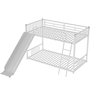 RUNWON Twin Over Twin Low Bunk Bed with Slide, Metal Floor Bedframe w/Easy Climp Ladders and Full Length Safety Guard Rails for Kids Bedroom