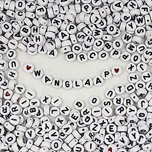 WangLaap 1450Pcs Acrylic 4x7mm Round Letter Beads Kits Alphabet Beads A-Z and Red Heart Black Star Beads for Bracelets Necklaces DIY Jewelry Making (White)