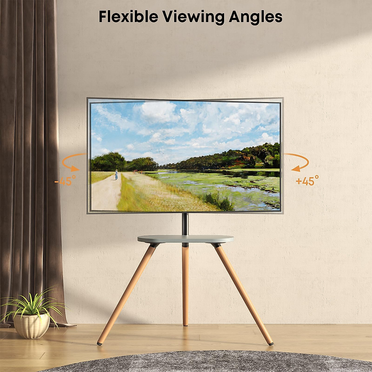 PUTORSEN Easel TV-Stand for 43-65-Inch Screens - Portable Swivel Tripod TV Stand with Wooden Tray, Height Adjustable TV Floor Stand, Max Load 77 lbs, Max VESA 400x400 mm, Black