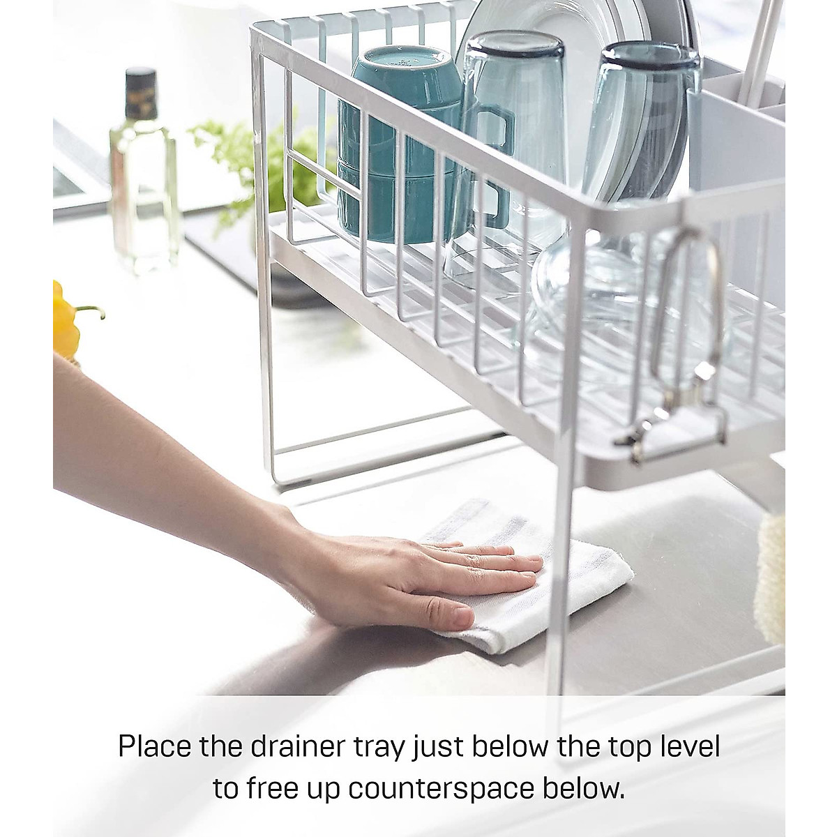 Yamazaki Home Two-Tier Adjustable Dish Drainer Rack, Compact Drying Rack with Hooks, Utensils Holder, Steel, Draining Spout, Water Resistant, No Assembly Req.