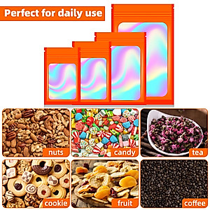 100PC Smell Proof Bags 4 Size Resealable Mylar Holographic Bags with Clear Window - Odor-Proof Packaging Pouches for Food Candy Storage, Eyelashes, Jewelry, Electronics,Small Business (Orange)