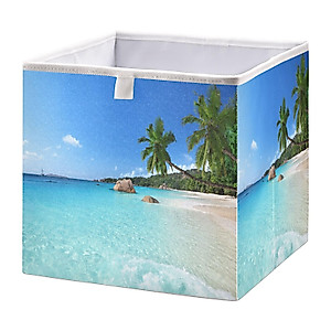 QUGRL Sunny Summer Beach Storage Bins Cube Tropical Palm Tree Clothes Storage Basket Foldable Storage Box Organizer for Shelves Closet Cabinet Office Dorm Bedroom 11x11 in
