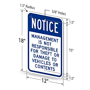 SmartSign - K-8583-HI-12x18 "Notice - Management Is Not Responsible For Theft Or Damage To Vehicles" Sign | 12" x 18" 3M High Intensity Grade Reflective Aluminum