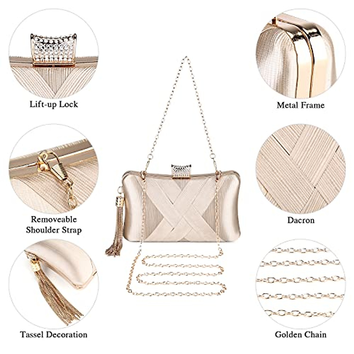 Tanpell Women's Evening Clutch Bags Silk Satin Party Handbags Bridal Wedding Purses with Tassel Pendant Light Apricot