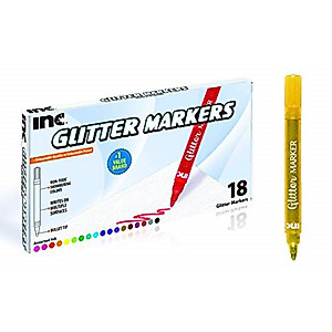 Inc. Multicolor Glitter Markers - 18 Assorted Colors, Sparkly Non-Toxic Water-Based Marker Set, Bullet Point Tip for Drawing, Coloring, Doodling, Journaling, Scrapbooking, DIY Art and Craft Projects
