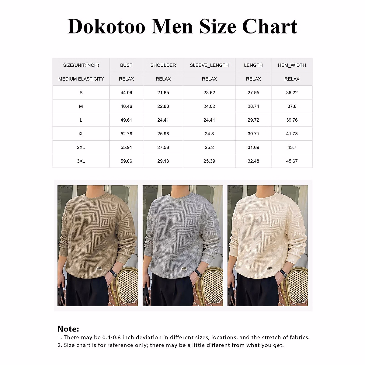 Dokotoo Men Men's Crew Neck Sweatshirts Soild Color Geometric Texture Long Sleeve Casual Pullover Shirts Beige 3X-Large