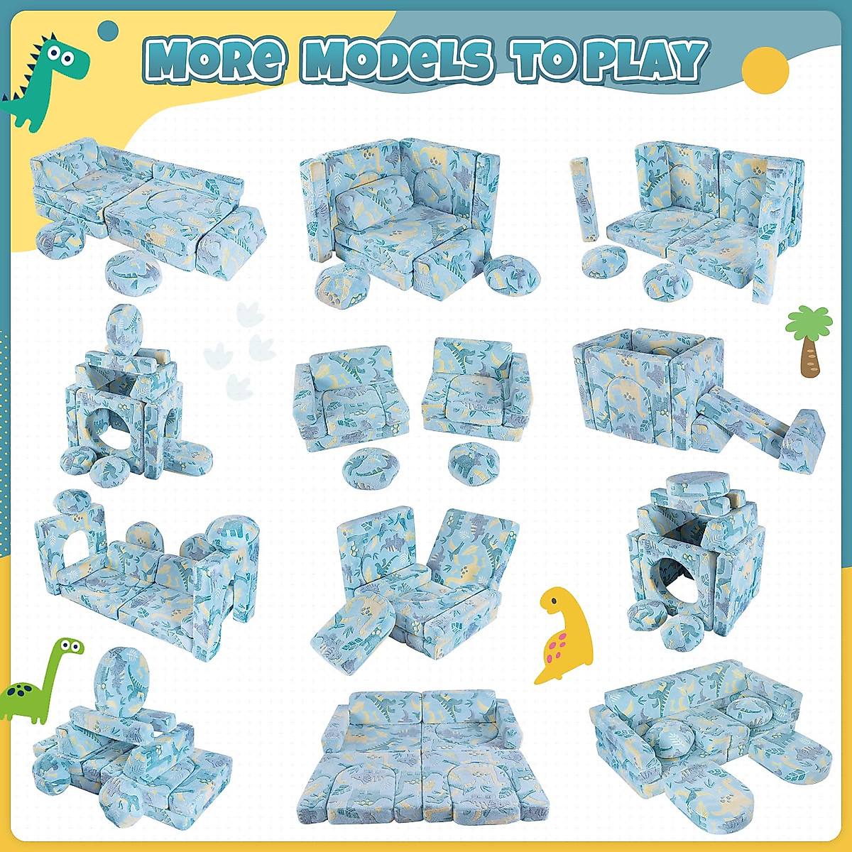 Olasme 13PCS Kids Play Couch, Foam Modular Kids Couch Sofa, Glowing Toddler Couch Convertible Baby Play Couch Children Sofa for Playroom Bedroom (Blue)