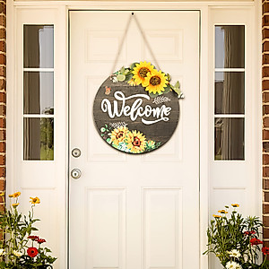 Anpress Welcome Sign for Front Door Round, 12x12inch Sunflower Welcome Sign Farmhouse Porch Decoration Rustic Artificial Sunflower Christmas Decor Wooden Hanging Sign for Home Garden Bedroom
