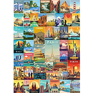 Vintage World Travel Puzzles for Adults 1000 Piece, Colosseum Eiffel Tower Landscape Poster Puzzle Landmarks, Scenic Jigsaw Puzzles for Adults Paris Italy Scenery