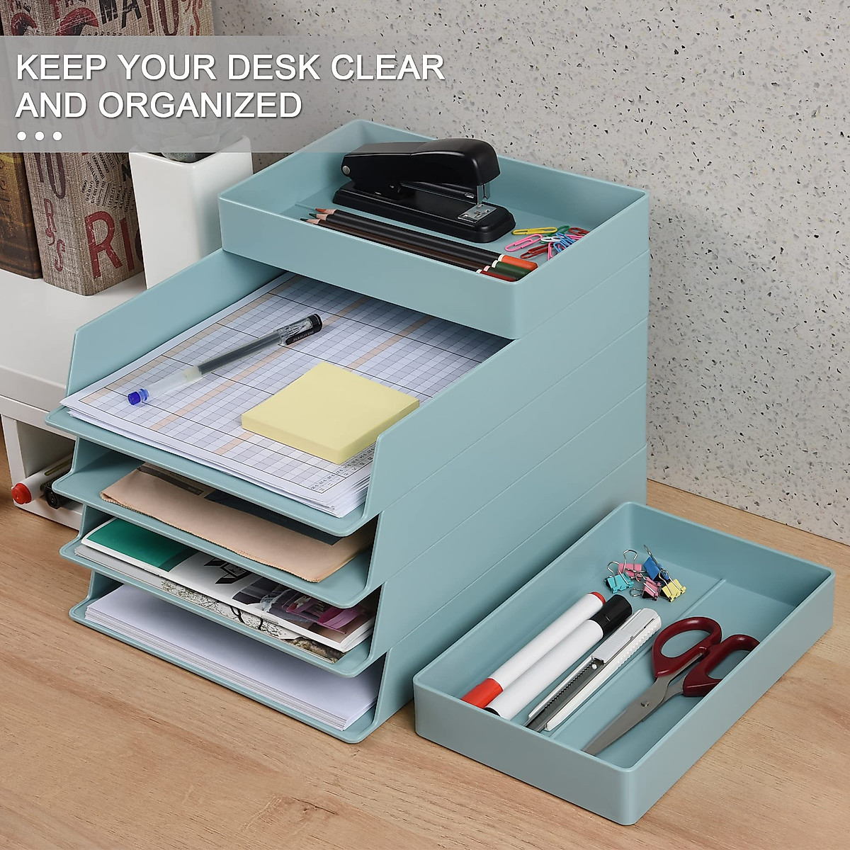 4 Tier Stackable Letter Tray File Organizer, Desktop Document File Tray Paper Sorter Organizer, Blue A4 Paper Organizer Tray for Home, Office, School