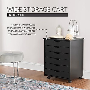 Linon Rolling Storage Corinne Cart, Six Wide Drawers, Black Wide