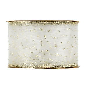 MEEDEE White Gold Wired Ribbon - 2.5 Inch Glitter Polka Dot Christmas Ribbon, 25 Yards for Tree, Wreath, Bow Making