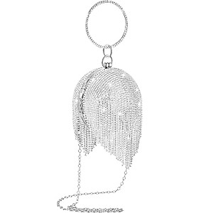 Women Crystal Tassel Clutch Purse Rhinestone Evening Hand Bags with Long Chain for Wedding Engagement Party（Silver）