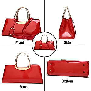 XingChen Glossy Women Handbag Faux Patent Leather Top-Handle Bag Structured Shoulder Bag Tote Evening Purse Party Satchel(Red)