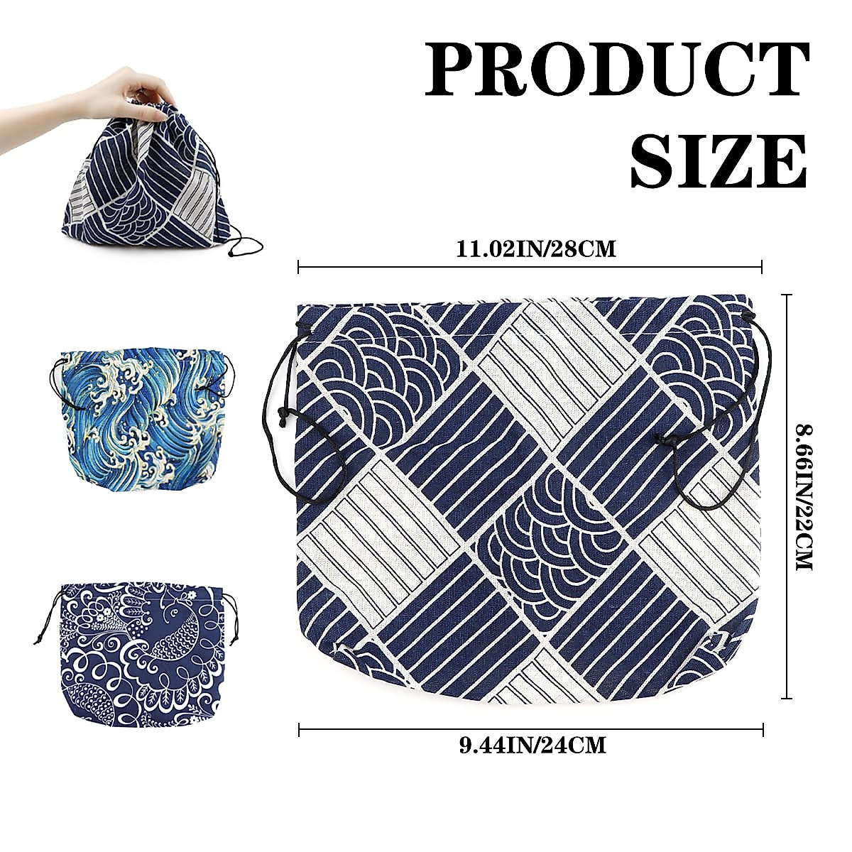 3PCS Lunch Tote Bag Japanese Style Drawstring Bento Pouch Portable Bento Storage Bag for Work Picnic or Travel, Blue