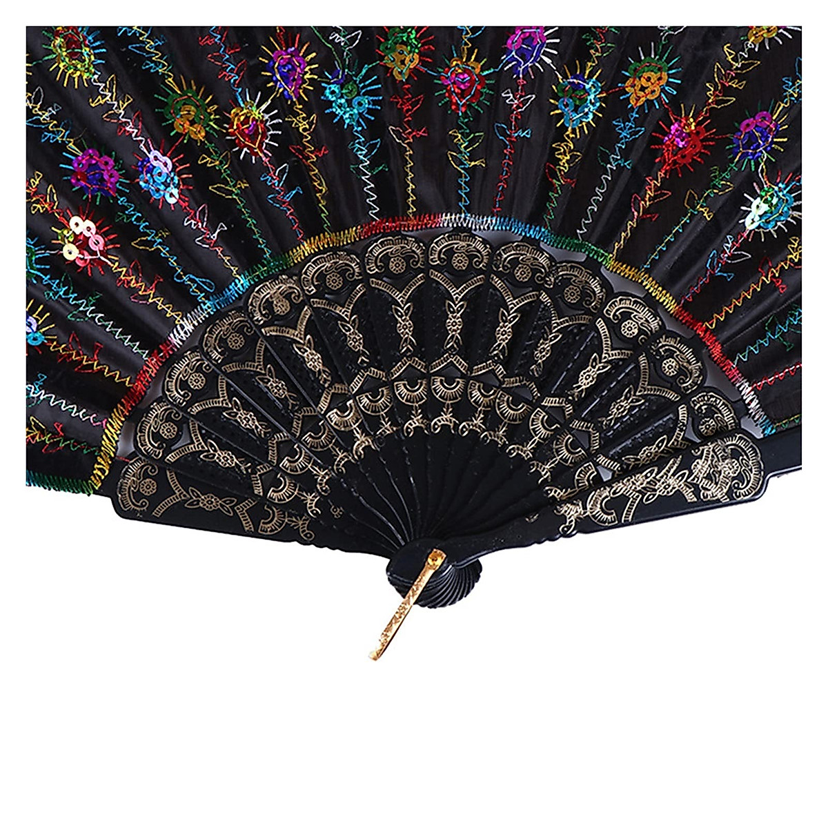 Fan Rainbow Color Christmas Dance Fan Pattern Folding Hand held Embroidered Sequin Gift Fan Hand Fan (Color : E, Fan Size : 9.5 inches)