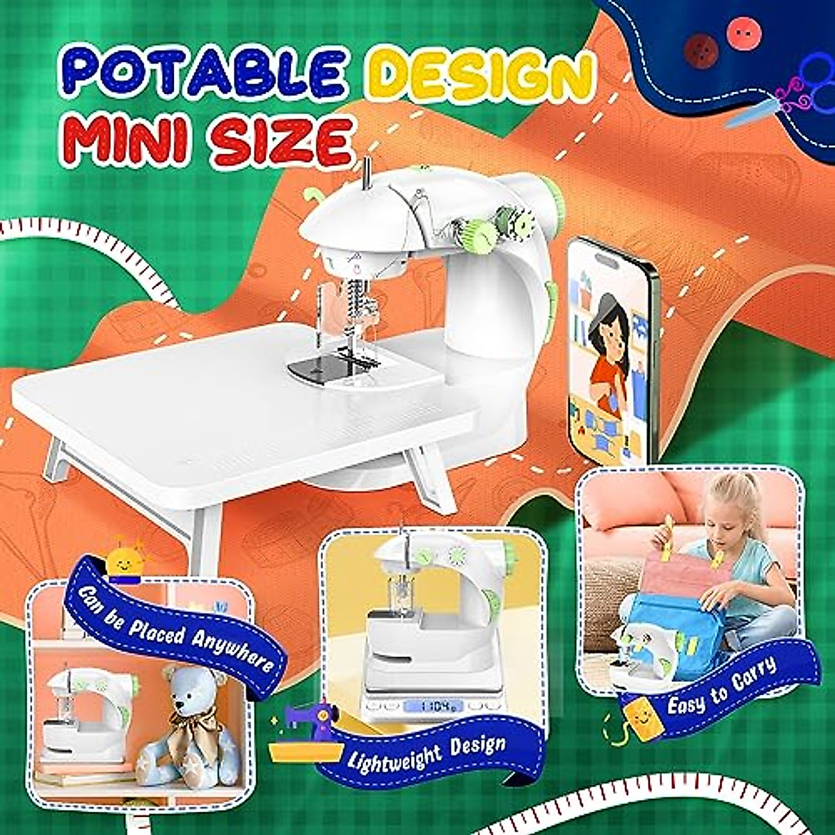 Mini Sewing Machine with 123 Pcs Sewing Kit for Beginners, Dual Speed Portable Sewing Machine with Light and Finger Guard, Electric Sewing Machine Suitable for Household, Travel, Kids, Adults, DIY