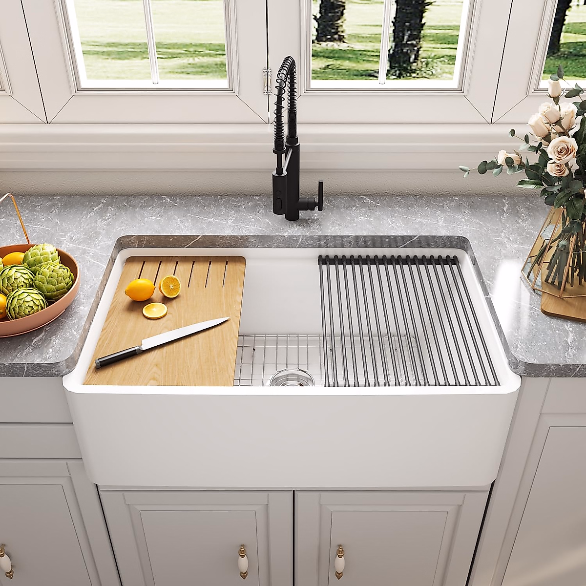 DeerValley 33 inch White Farmhouse Sink, Fireclay Farmhouse Kitchen Sink, Single Bowl Kitchen Sink, Front Apron Sink for Kitchen, Workstation Sink with Grid, Sink Strainer & Workstation Accessories