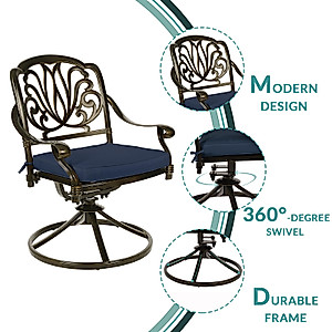 MEETWARM 5-Piece Outdoor Patio Dining Set, All-Weather Cast Aluminum Patio Conversation Set for Backyard Garden Deck with 4 Cushions Swivel Rocker Chairs and 35.4" Round Table, Navy Blue